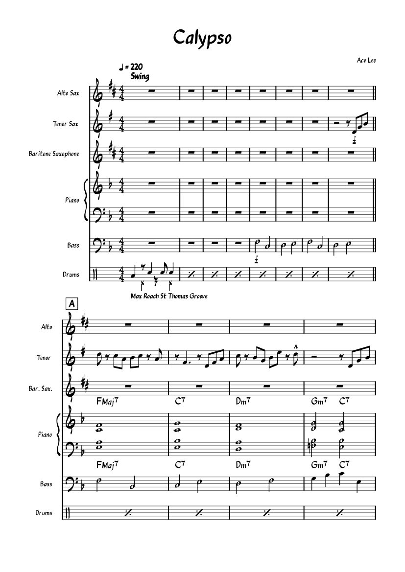 Calypso Sheet Music with Chords for Piano, Saxophone alto, Saxophone ...