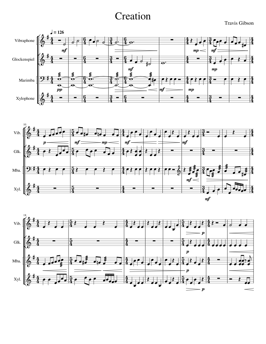Creation Sheet music for Vibraphone, Glockenspiel, Marimba, Xylophone (Percussion Quartet ...