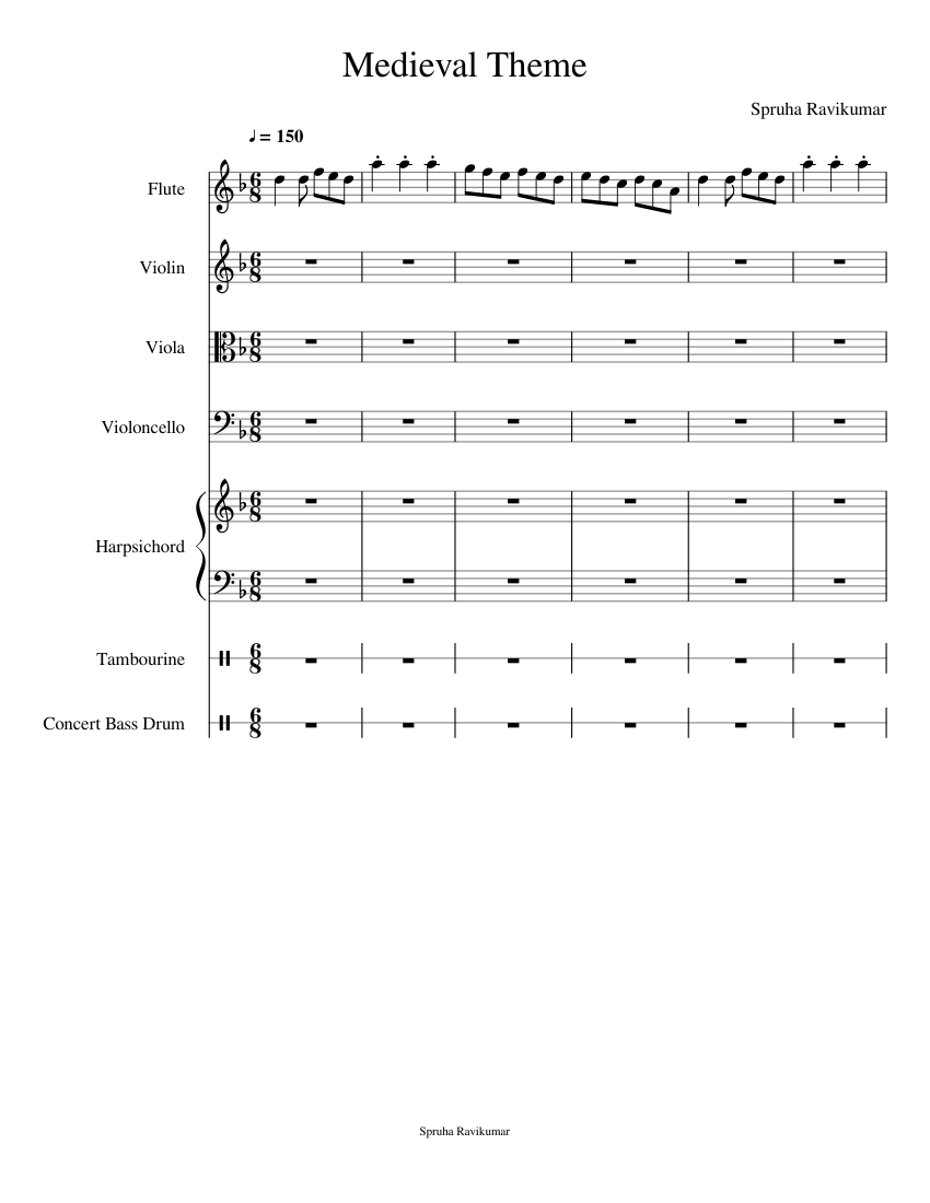 Medieval Theme Sheet music for Harpsichord, Tambourine, Flute, Violin ...