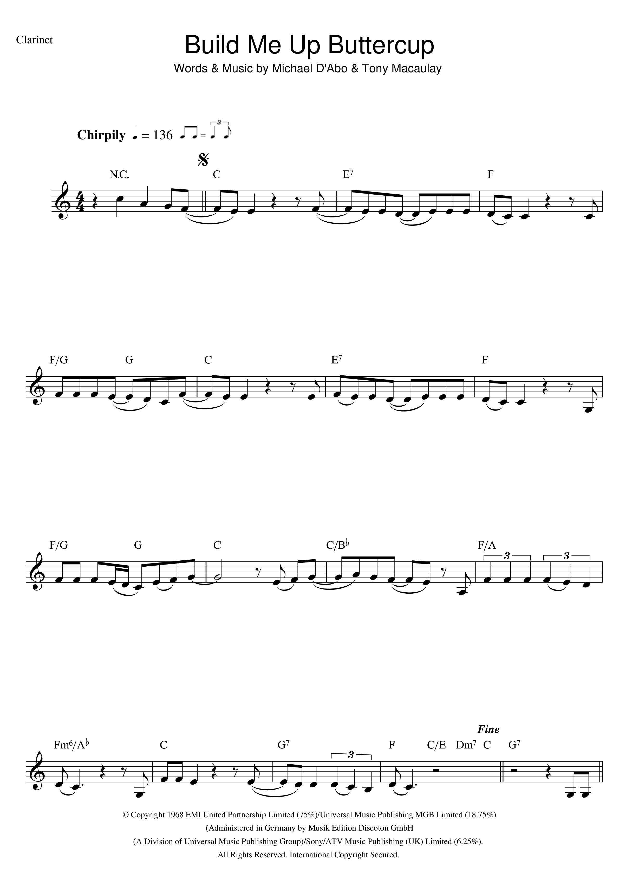 build me up buttercup Sheet music for Clarinet other by The Foundations ...
