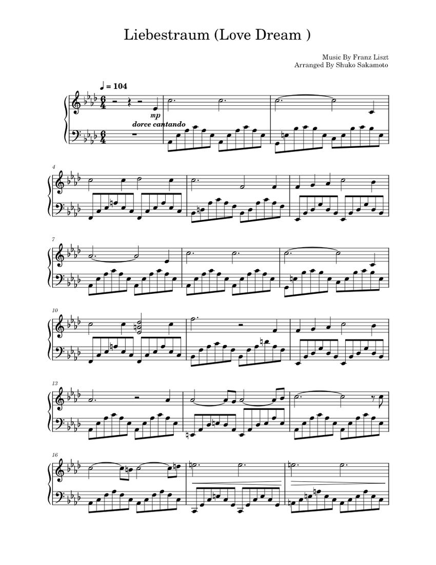 Liebestraum No. 3 in A♭Major – Franz Liszt ( Love Dream ) Sheet music ...