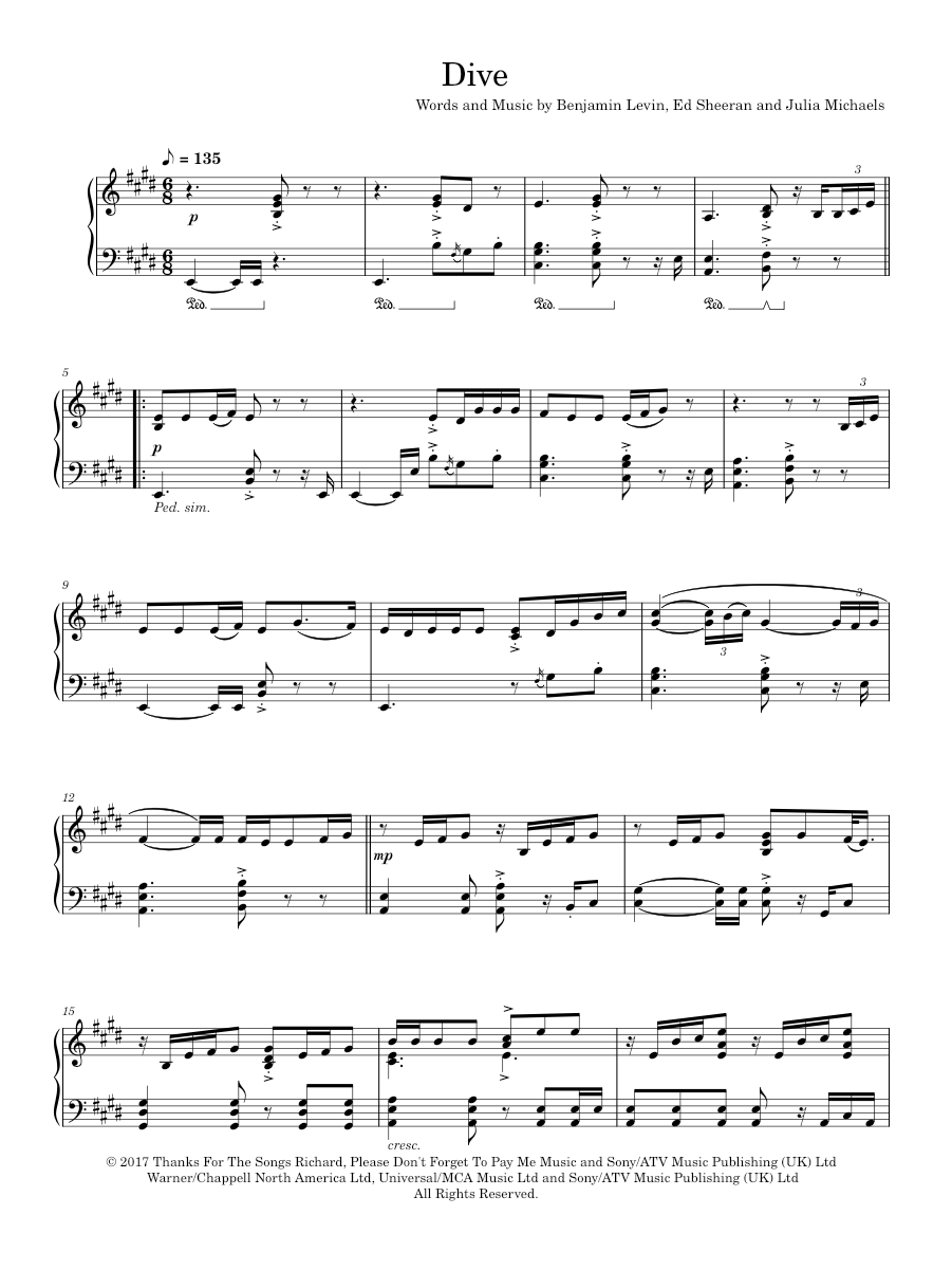 Play Official version of Dive Sheet Music by Ed Sheeran for Piano ...