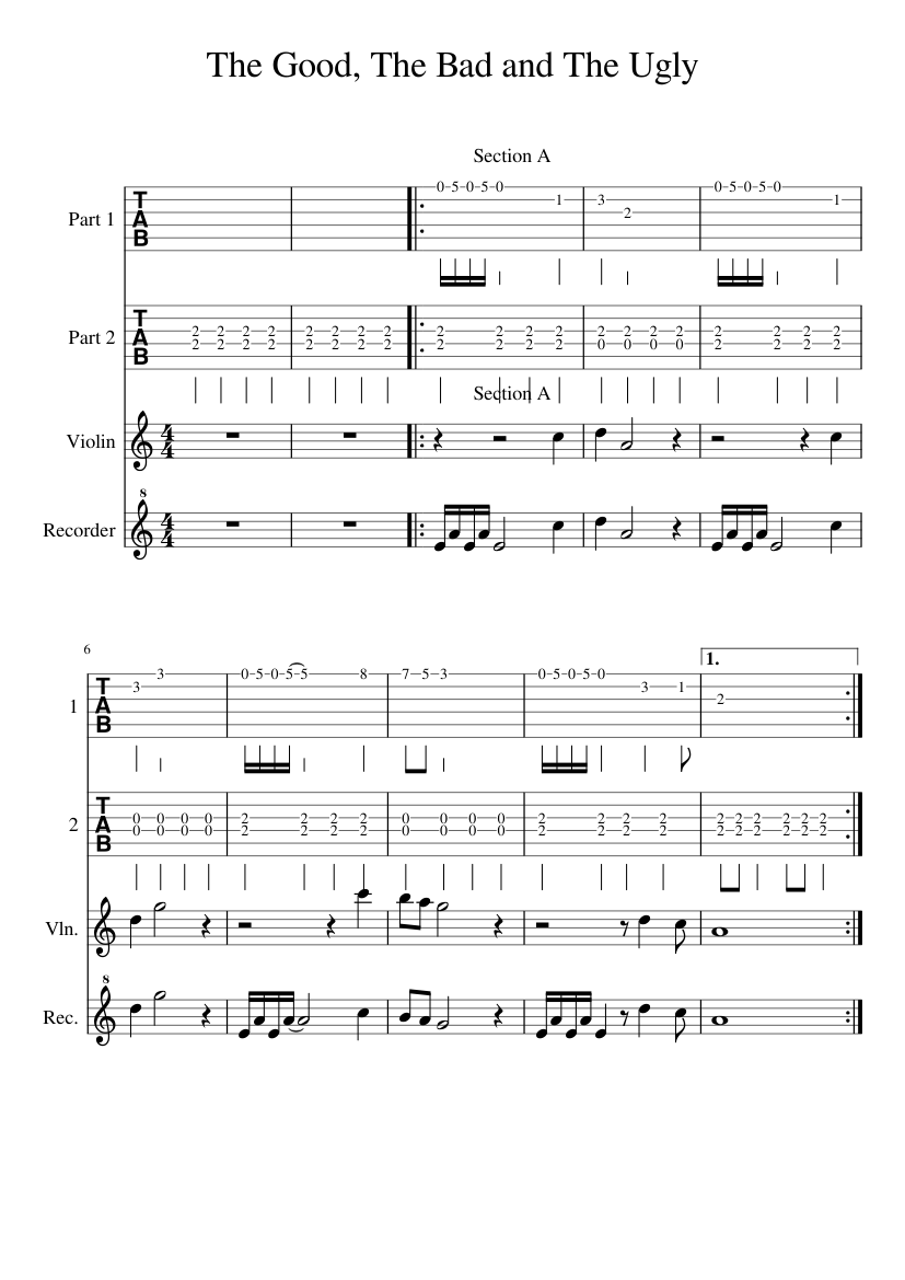 The Good, The Bad and The Ugly Sheet Music for Violin, Guitar, Recorder ...