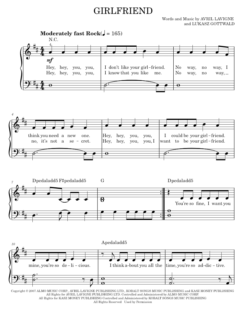 Play Official version of Girlfriend Sheet Music by Avril Lavigne for ...