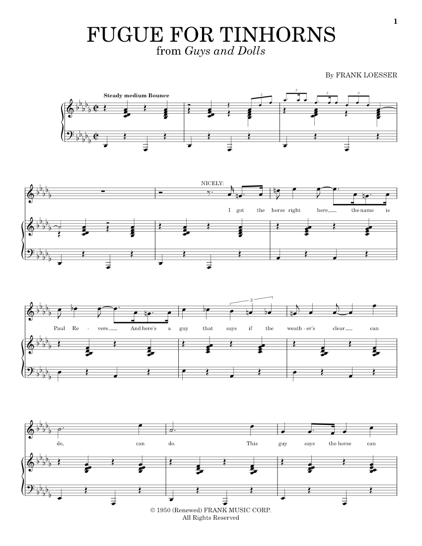 Play Official version of Fugue for Tinhorns Sheet Music by Frank ...