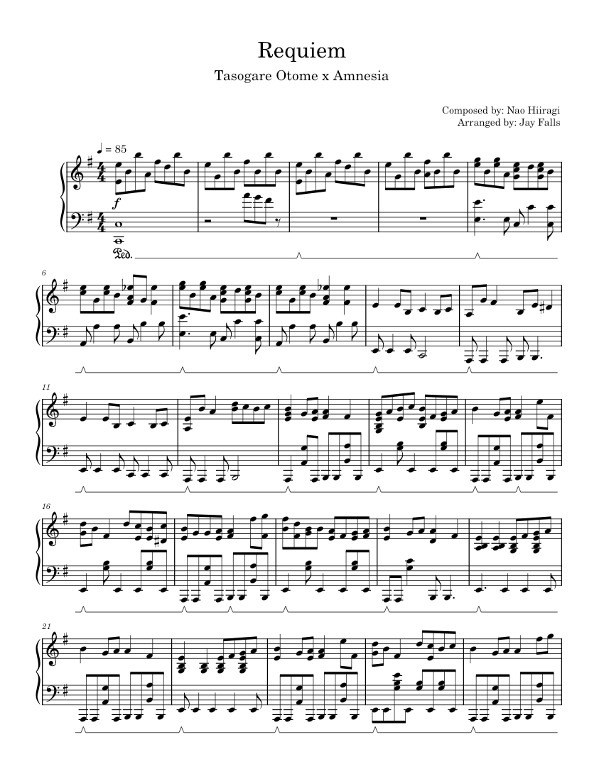 Tasogare Otome X Amnesia - Requiem Sheet Music for Piano (Solo ...