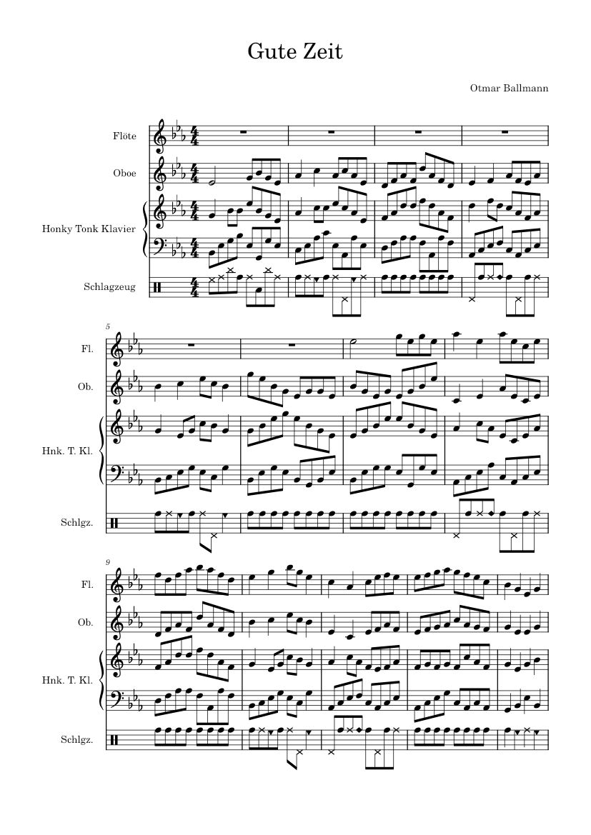 Gute Zeit Sheet music for Piano, Flute, Oboe, Drum group (Mixed Quartet ...