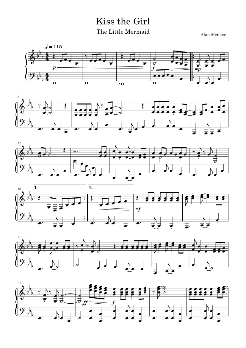 Kiss the Girl (from The Little Mermaid) by Alan Menken Sheet Music for ...