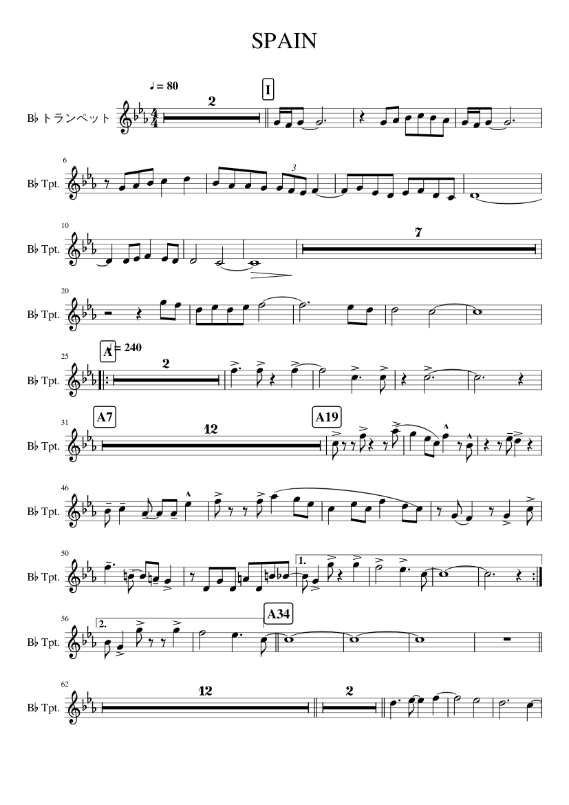 SPAIN Sheet Music for Piano, Trumpet in b-flat (Solo) | MuseScore.com