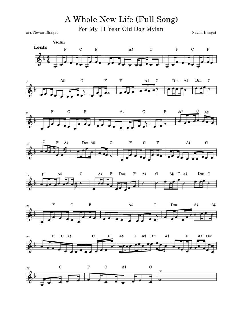 A Whole New Life Full Song Sheet music for Piano (String Ensemble ...