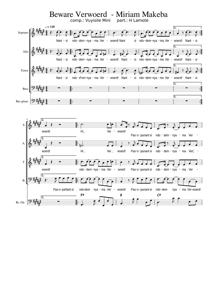 Beware_Verwoerd_-_Miriam_Makeba Sheet music for Soprano, Alto, Tenor ...