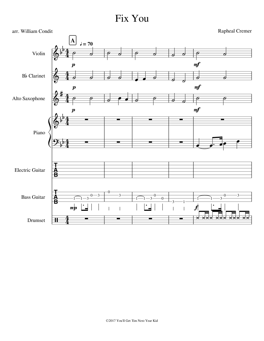 Fix You Sheet music for Piano, Clarinet in b-flat, Saxophone alto ...