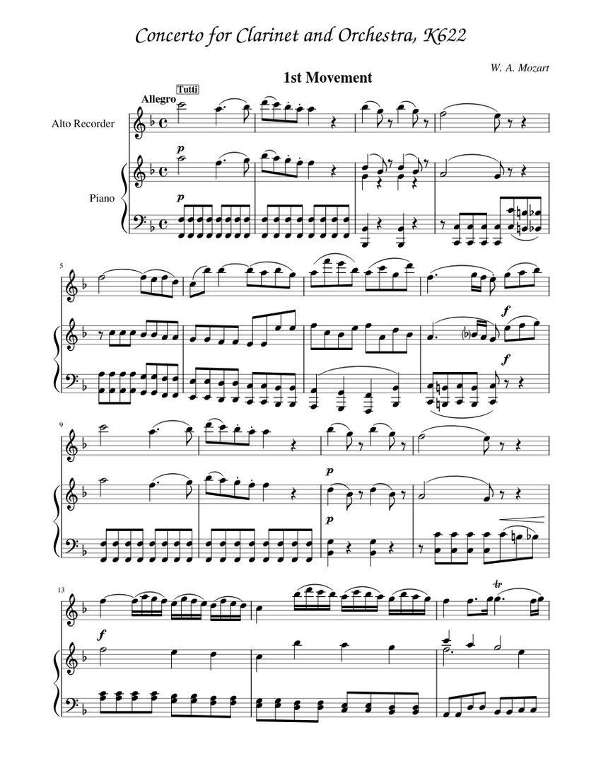 Concerto for Clarinet and Orchestra, K622 (full) - Mozart (Alto Recorder) Sheet music for Piano ...
