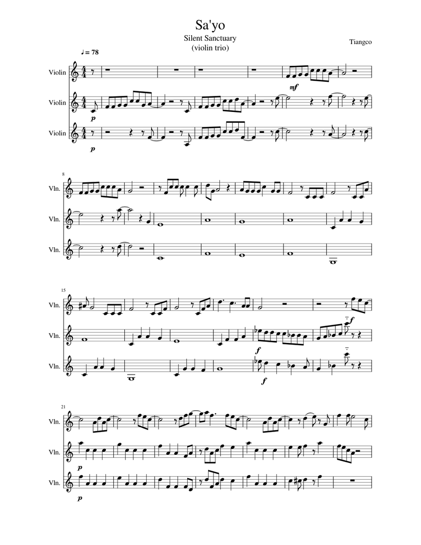 Sayo-Silent-Sanctuary Sheet music for Violin (String Trio) | Musescore.com
