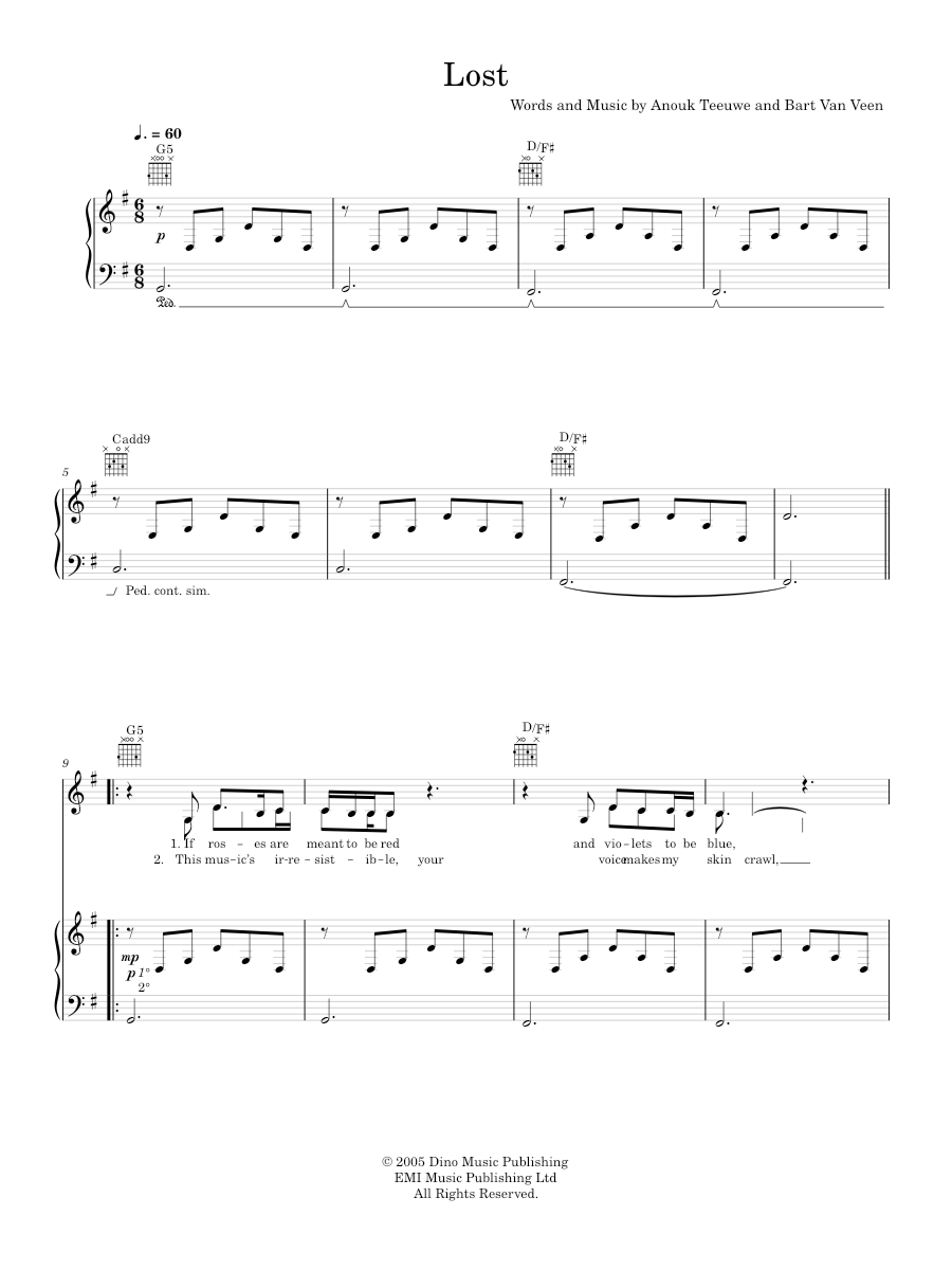 lost Sheet music for Piano, Vocals by Anouk: Music Notes by MuseScore