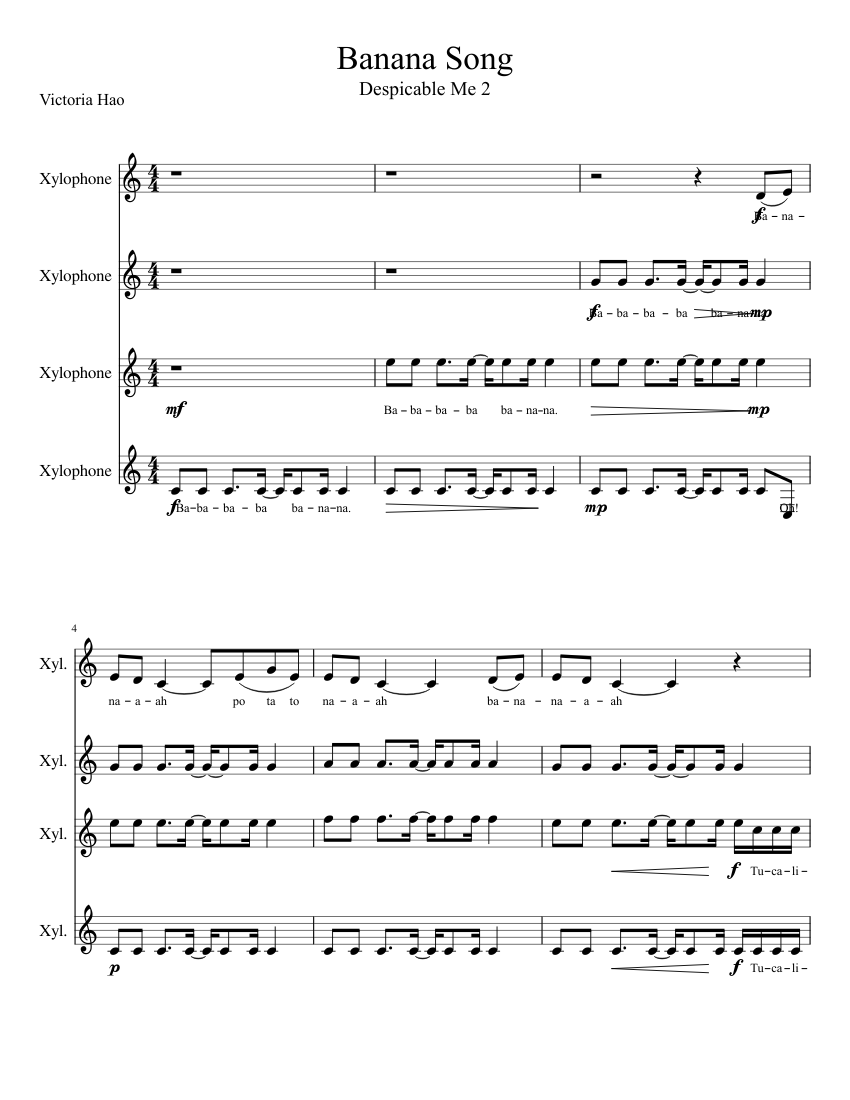 Banana Song Sheet music for Xylophone (Percussion Quartet) | Musescore.com