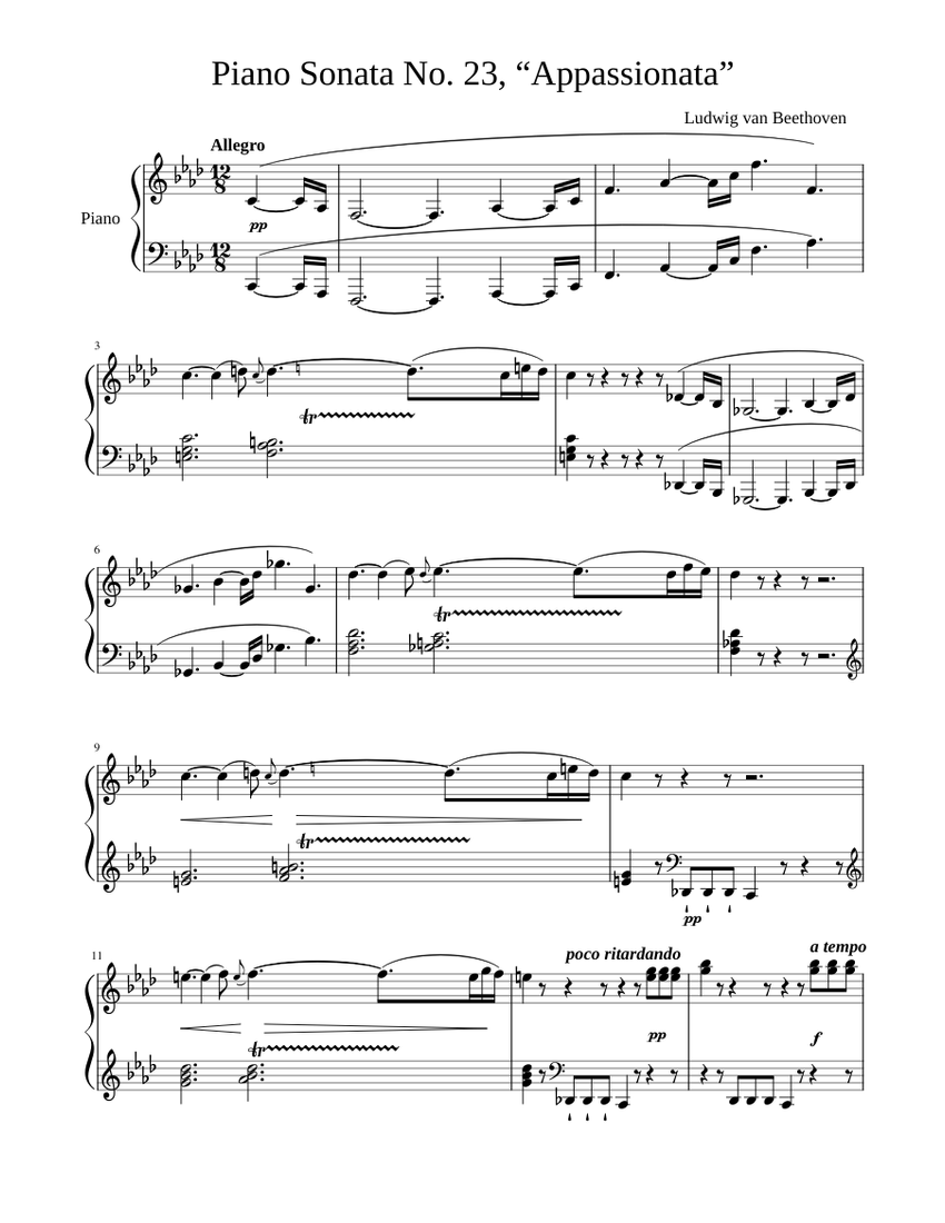 Piano Sonata No. 23, “Appassionata” Sheet music for Piano (Solo ...