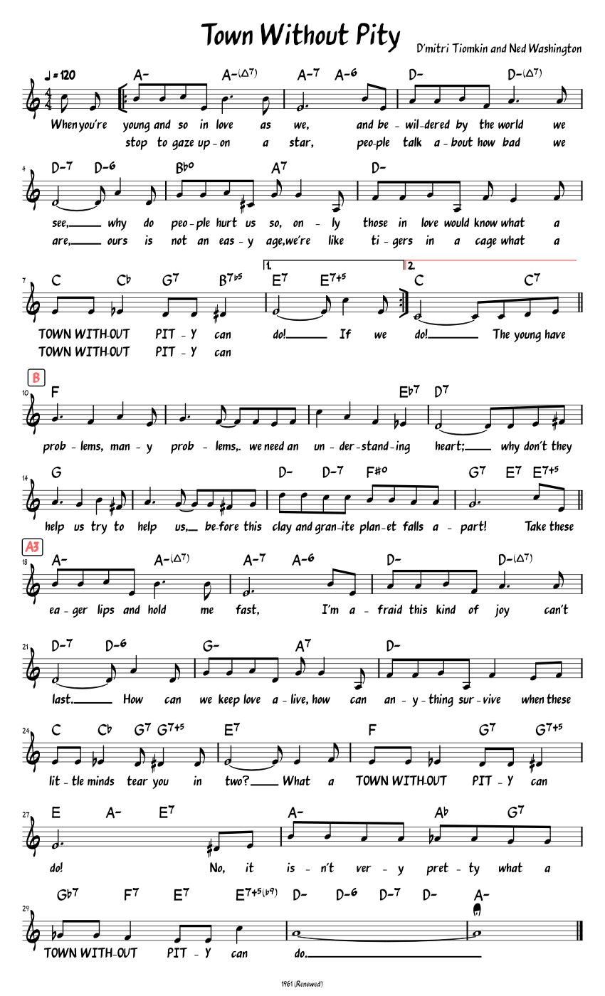 Town Without Pity (Lead sheet with lyrics ) Sheet Music for Piano (Solo ...