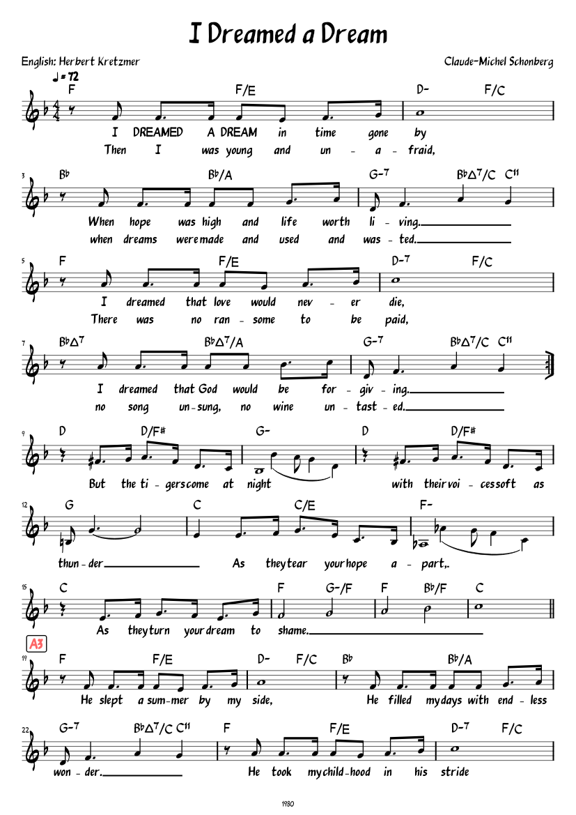 I Dreamed A Dream (Lead sheet with lyrics ) Sheet Music with Chords for ...