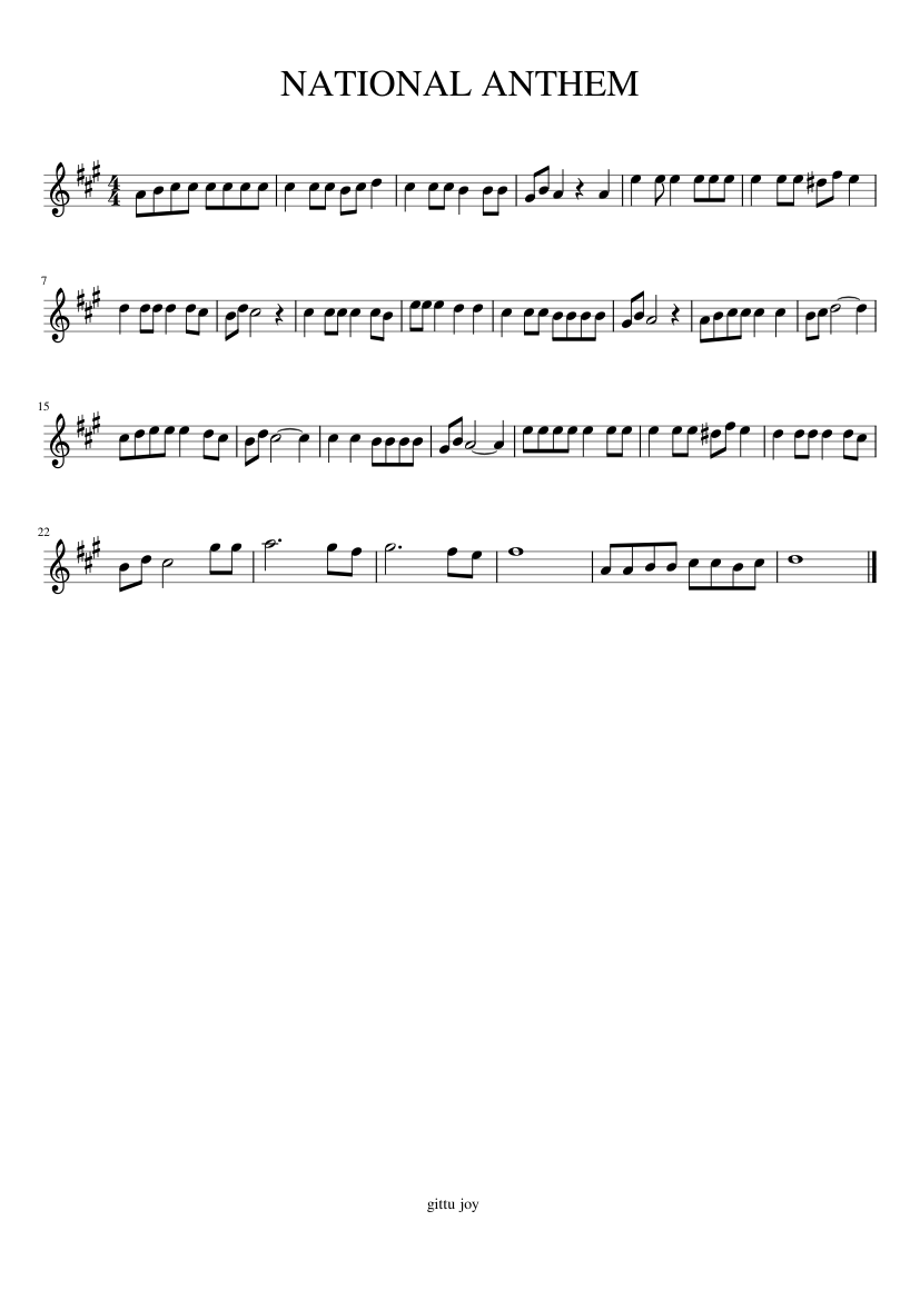 The Indian National Anthem – Rabindranath Tagore NATIONAL ANTHEM Sheet ...