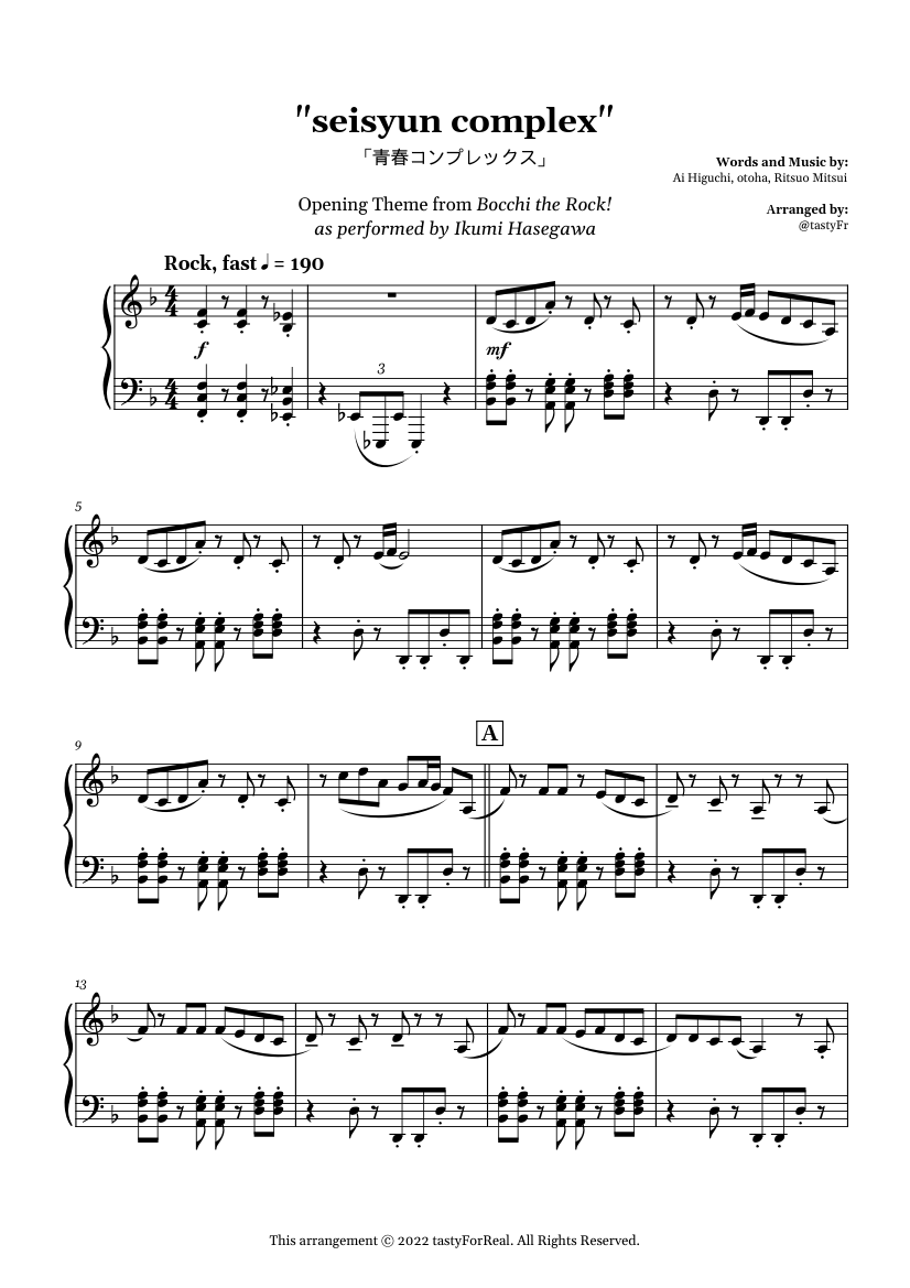 "seishun complex" (青春コンプレックス) - kessoku band (結束バンド) [Bocchi the Rock! OP Piano] Sheet Music for ...