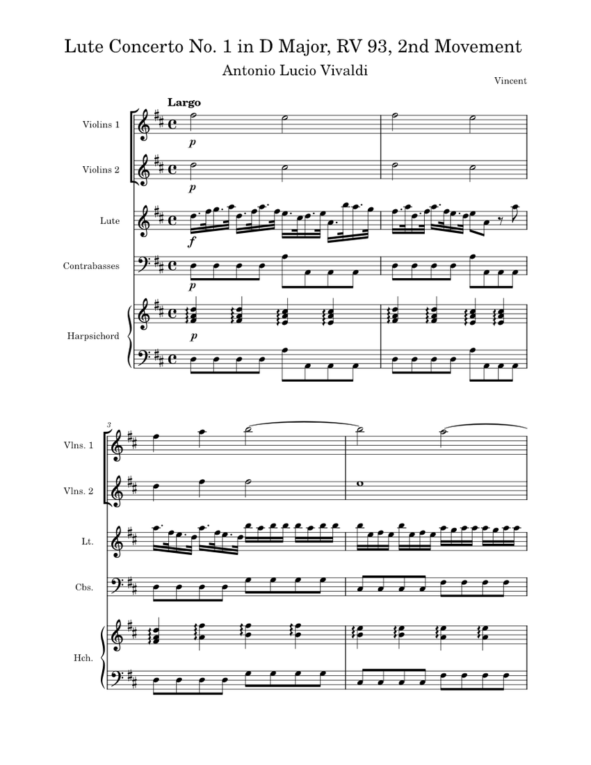 Vivaldi - Lute Concerto No. 1 in D Major, RV 93, 2nd Movement Sheet music for Harpsichord ...