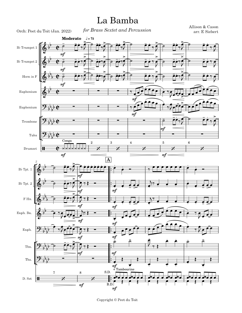 La Bamba – Los Lobos, Ritchie Valens (Brass Sextet & Perc.) Sheet music ...