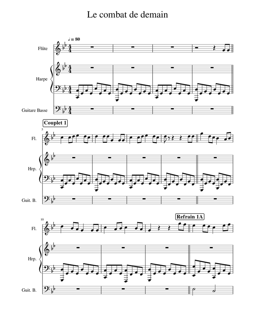Le combat de demain Sheet music for Flute, Bass guitar, Harp (Mixed ...