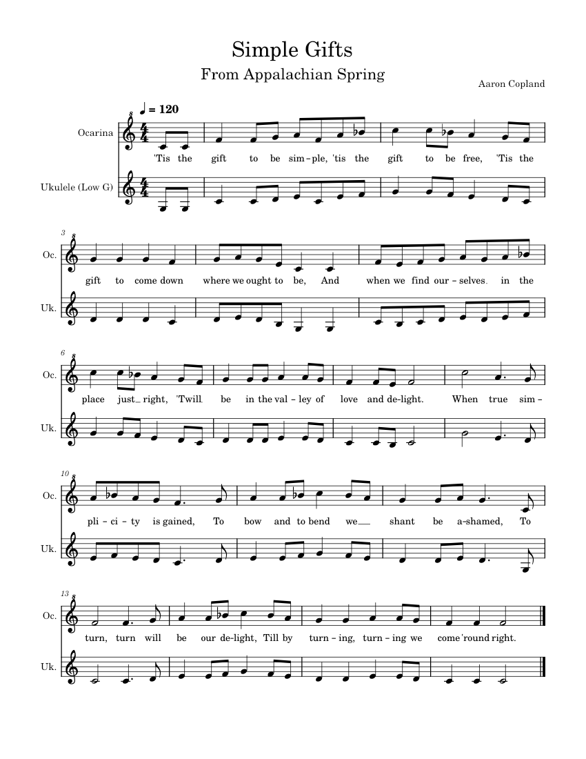 Simple Gifts – Aaron Copland Simple Gifts for Ocarina and Low G Ukulele ...