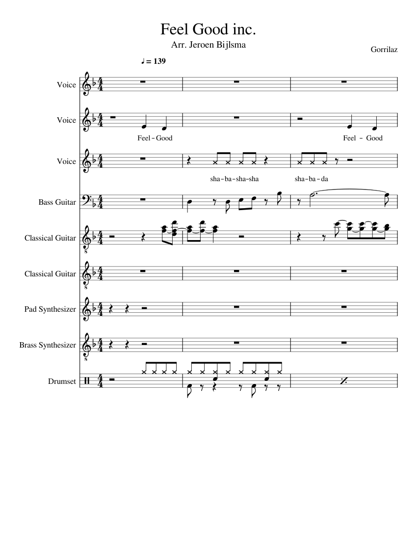Feel Good inc Sheet music for Vocals, Guitar, Bass guitar, Drum group ...