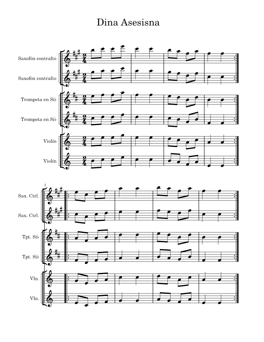 dina asesina Sheet music for Saxophone alto, Trumpet in b-flat, Violin ...