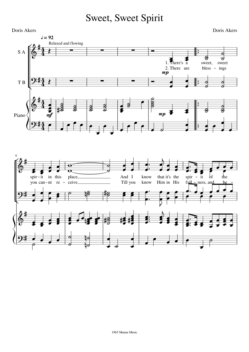 Sweet Sweet Spirit AKERS Sheet Music for Piano, Vocals (Mixed Trio ...