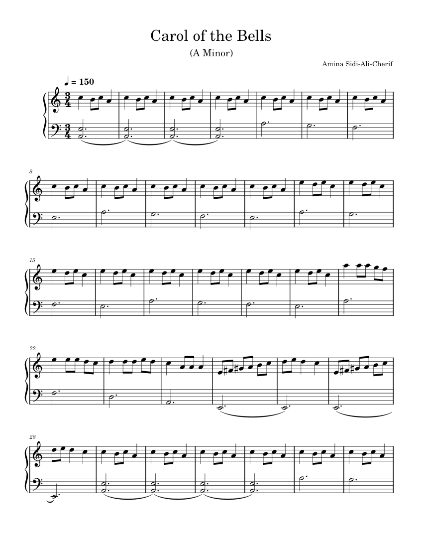 Carol of the Bells in A Minor Sheet Music for Piano (Solo) easy ...
