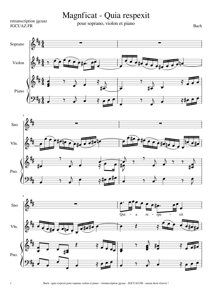 Bach - quia respexit pour chant violon et orgue Sheet music for Piano, Soprano, Violin (Mixed ...