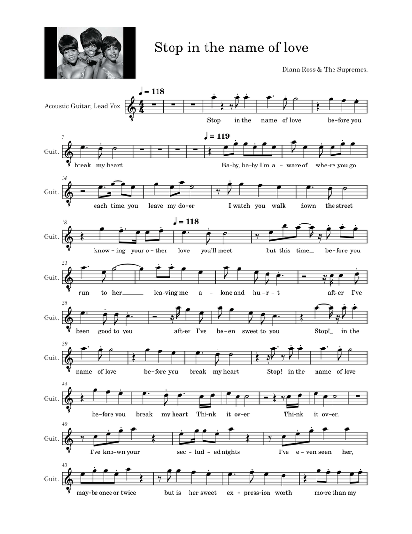 Supremes - Stop In The Name Of Love Sheet music for Guitar (Solo ...