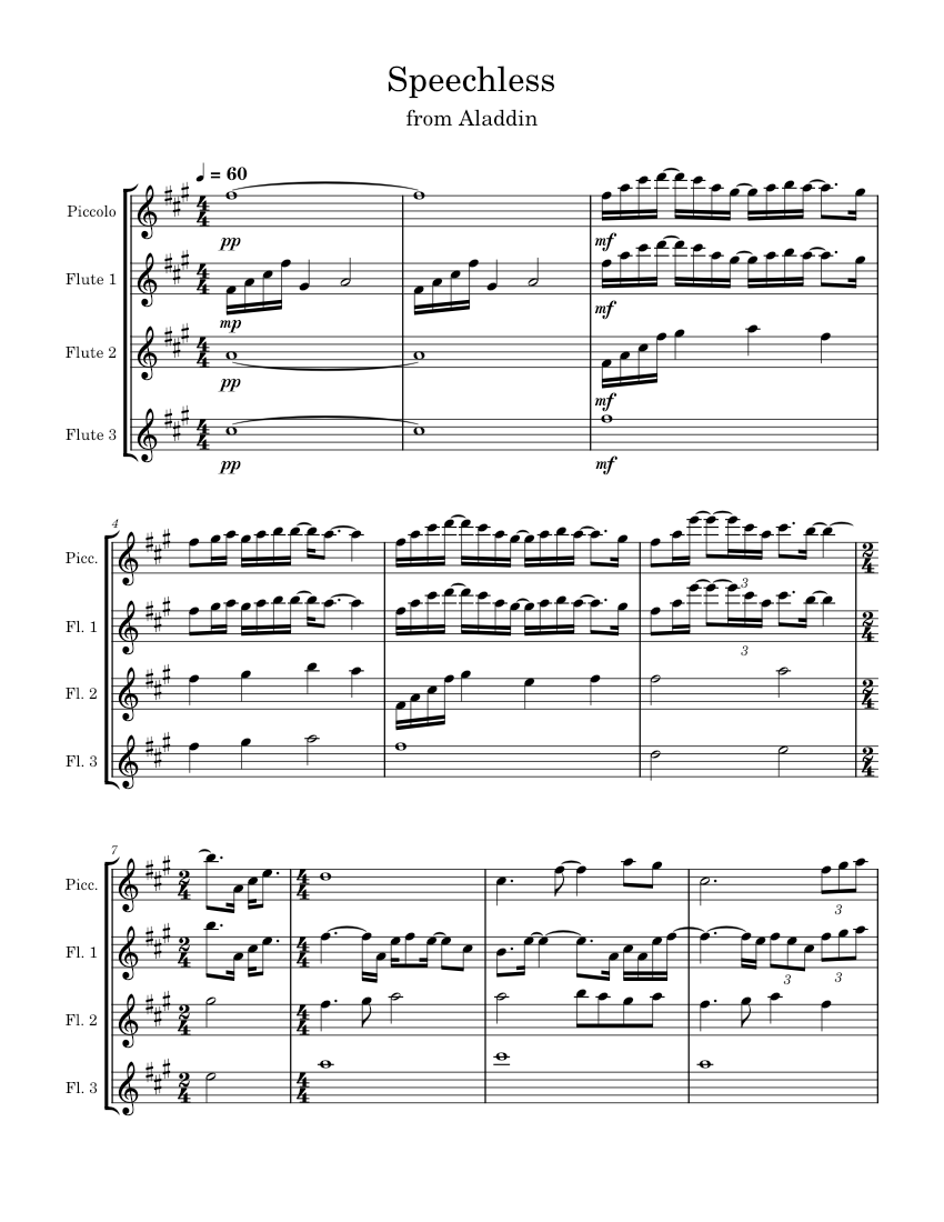 Speechless from Aladdin - flute ensemble Sheet music for Flute, Oboe ...