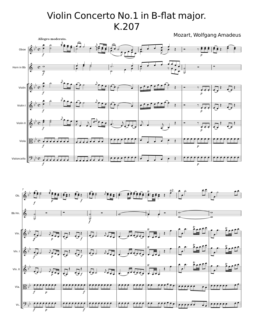 Violin Concerto No.1 in B-flat major, K.207 - Wolfgang Amadeus Mozart Sheet Music for Oboe ...