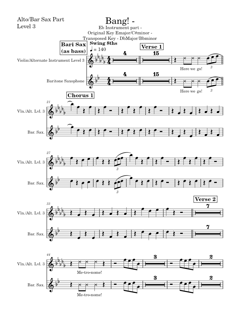 Bang - Alto Sax and Bari Sax Combined Transposed - C# minor to Bb minor ...