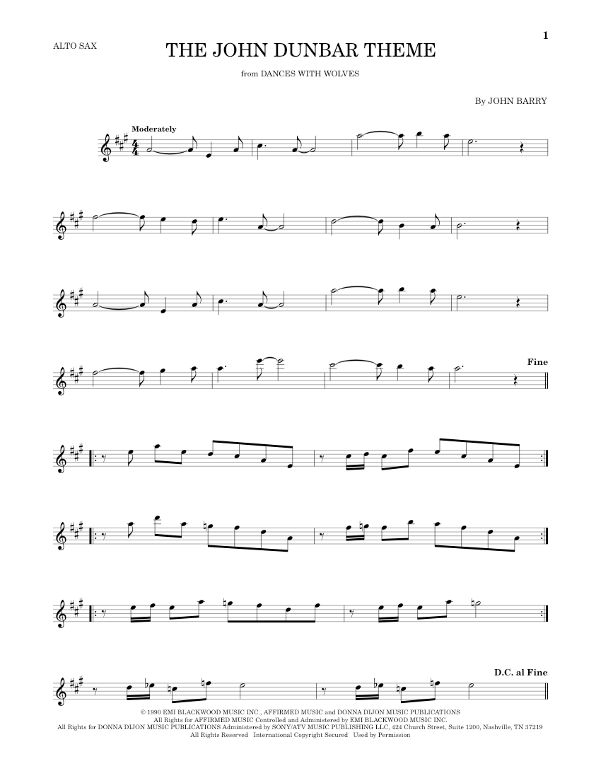 The John Dunbar Theme (from Dances with Wolves) Sheet music for Saxophone alto by John Barry ...