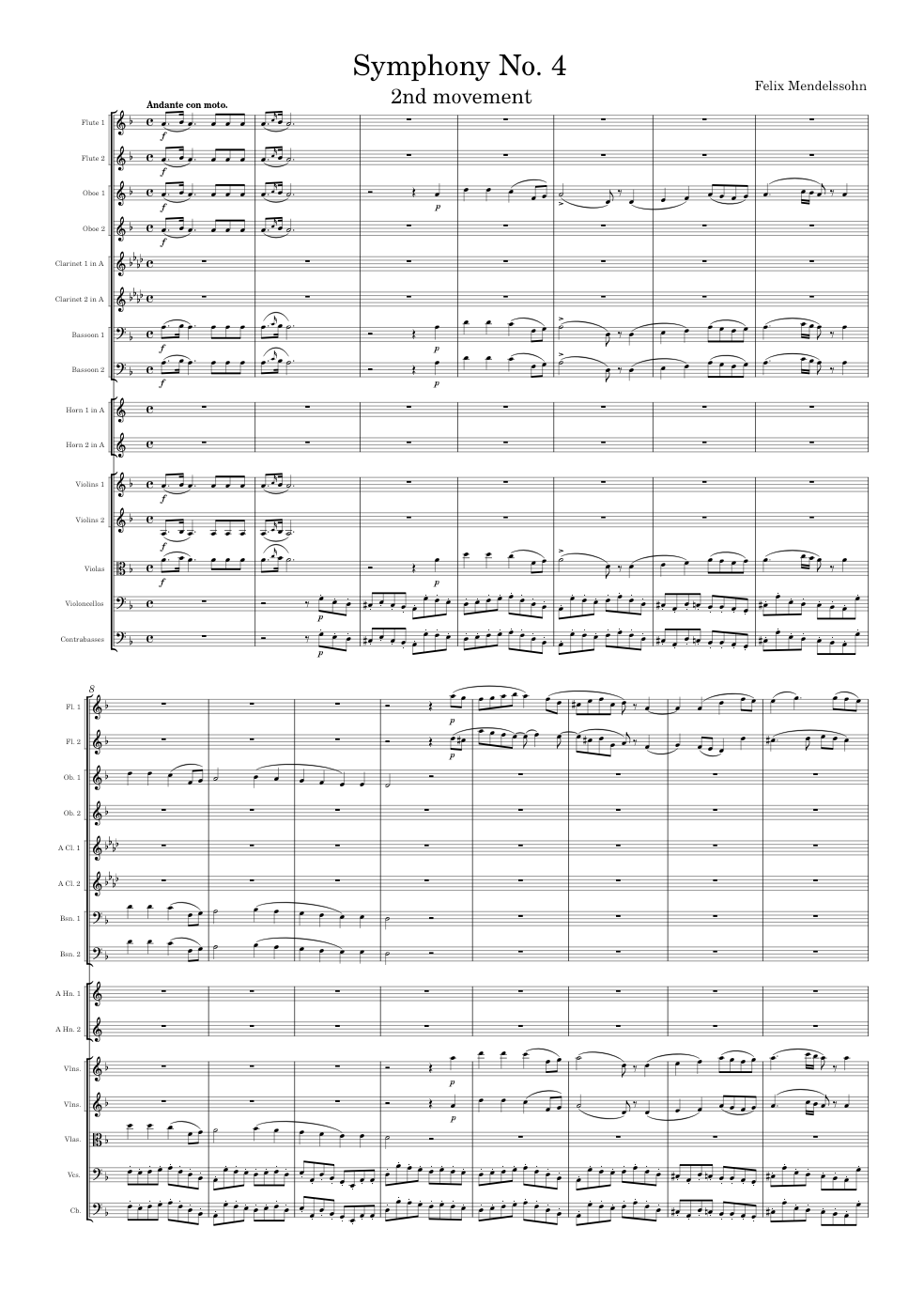 Symphony No.4, Op.90 – Felix Mendelssohn 2. Andante con moto Sheet Music for Flute, Oboe ...