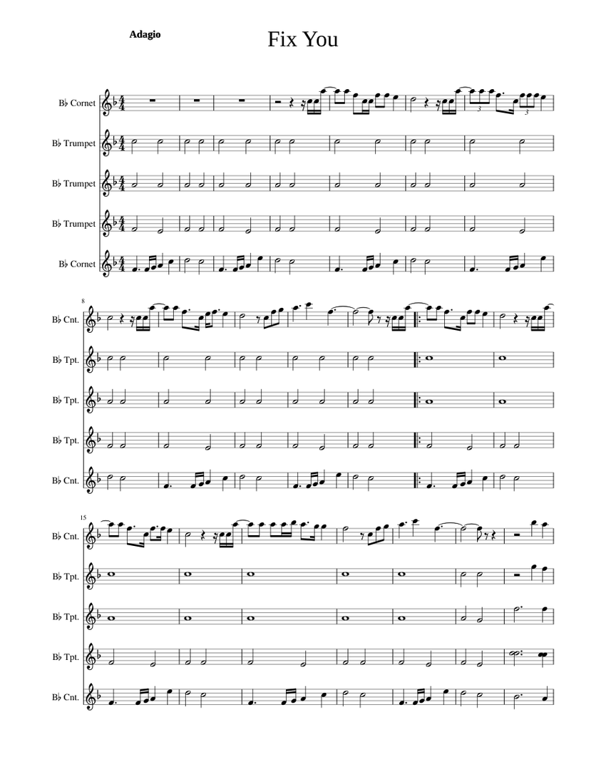 Fix You Sheet music for Cornet, Trumpet in b-flat (Mixed Quintet ...