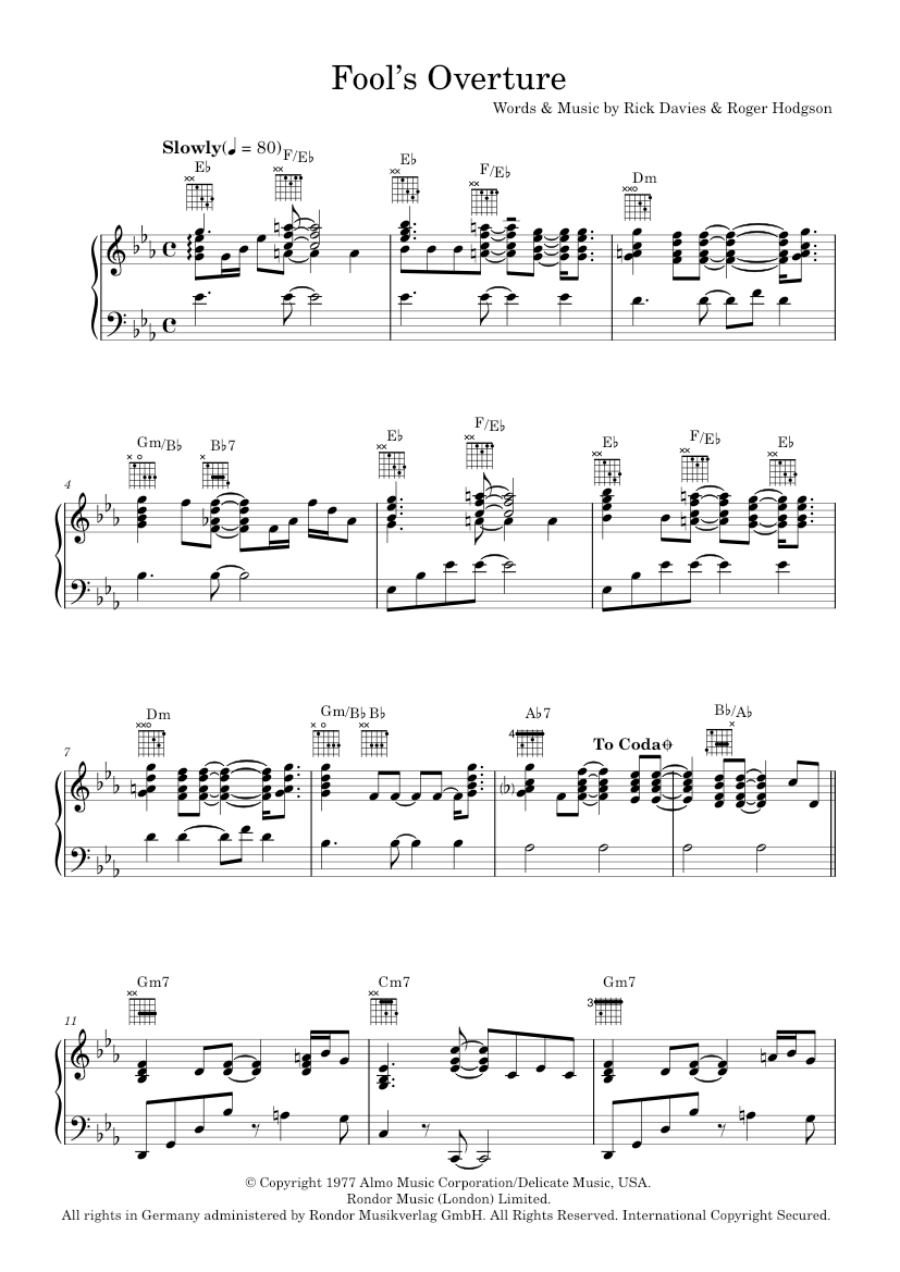 Play Official version of Fool's Overture sheet music by Supertramp for ...