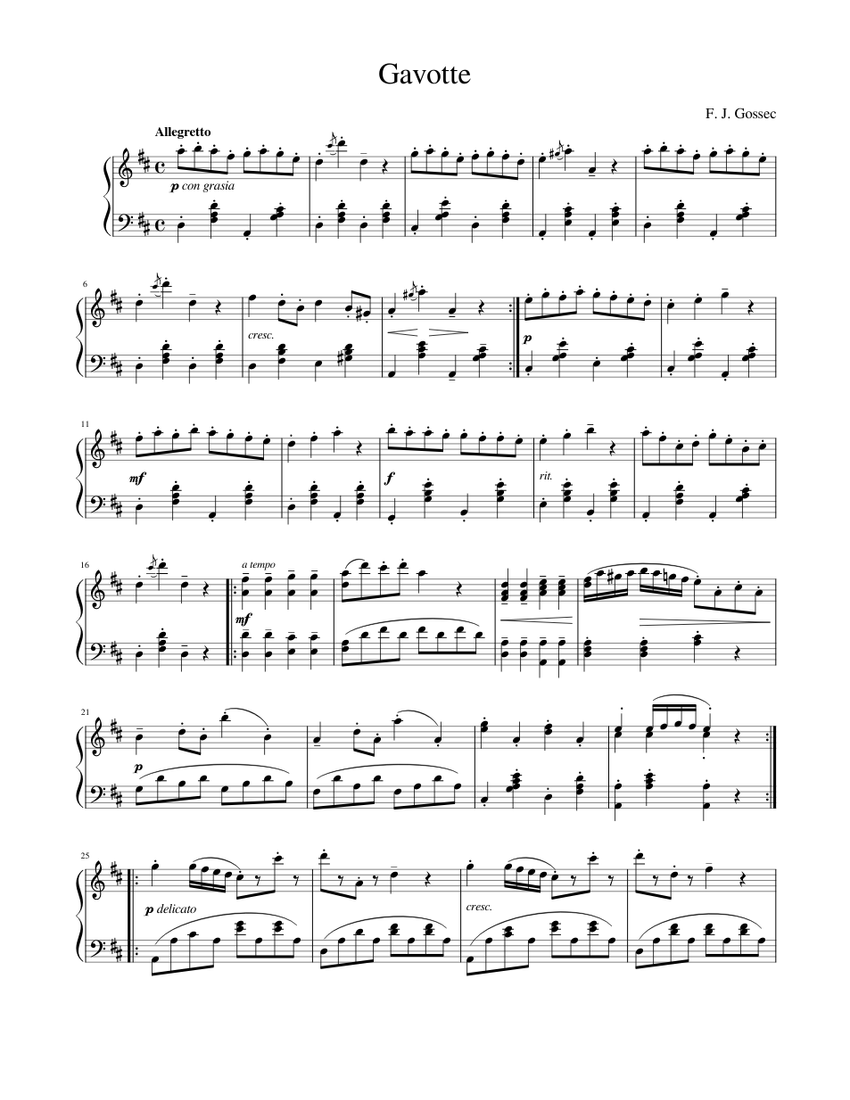 Gavotte - F. J. Gossec Sheet music for Piano (Solo) | Musescore.com