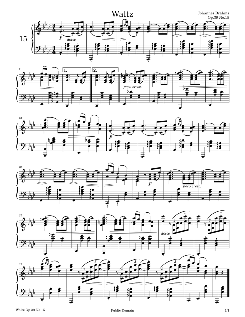 Waltz in A♭ Major Op.39 No.15 by Johannes Brahms Sheet music for Piano (Solo) | Musescore.com