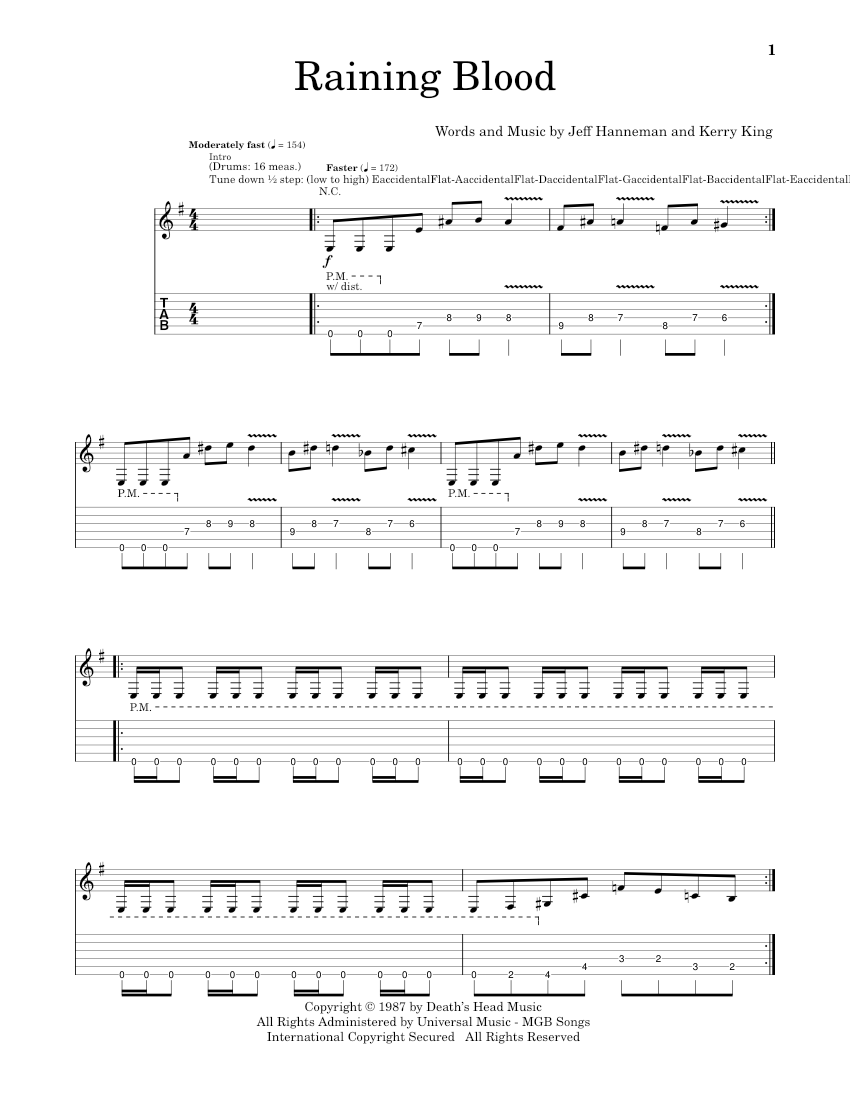 Play Official version of Raining blood sheet music by Slayer for Guitar ...