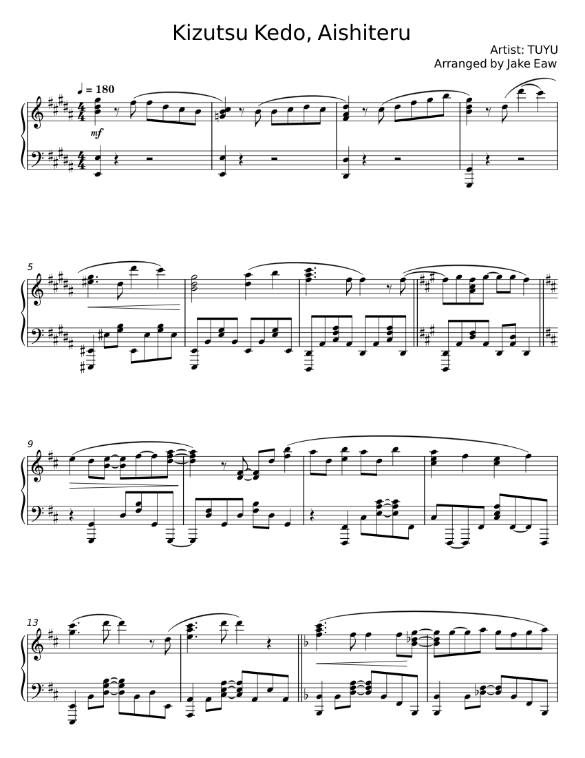 Kizutsu kedo, Aishiteru - TUYU Sheet Music for Piano (Piano Duo ...
