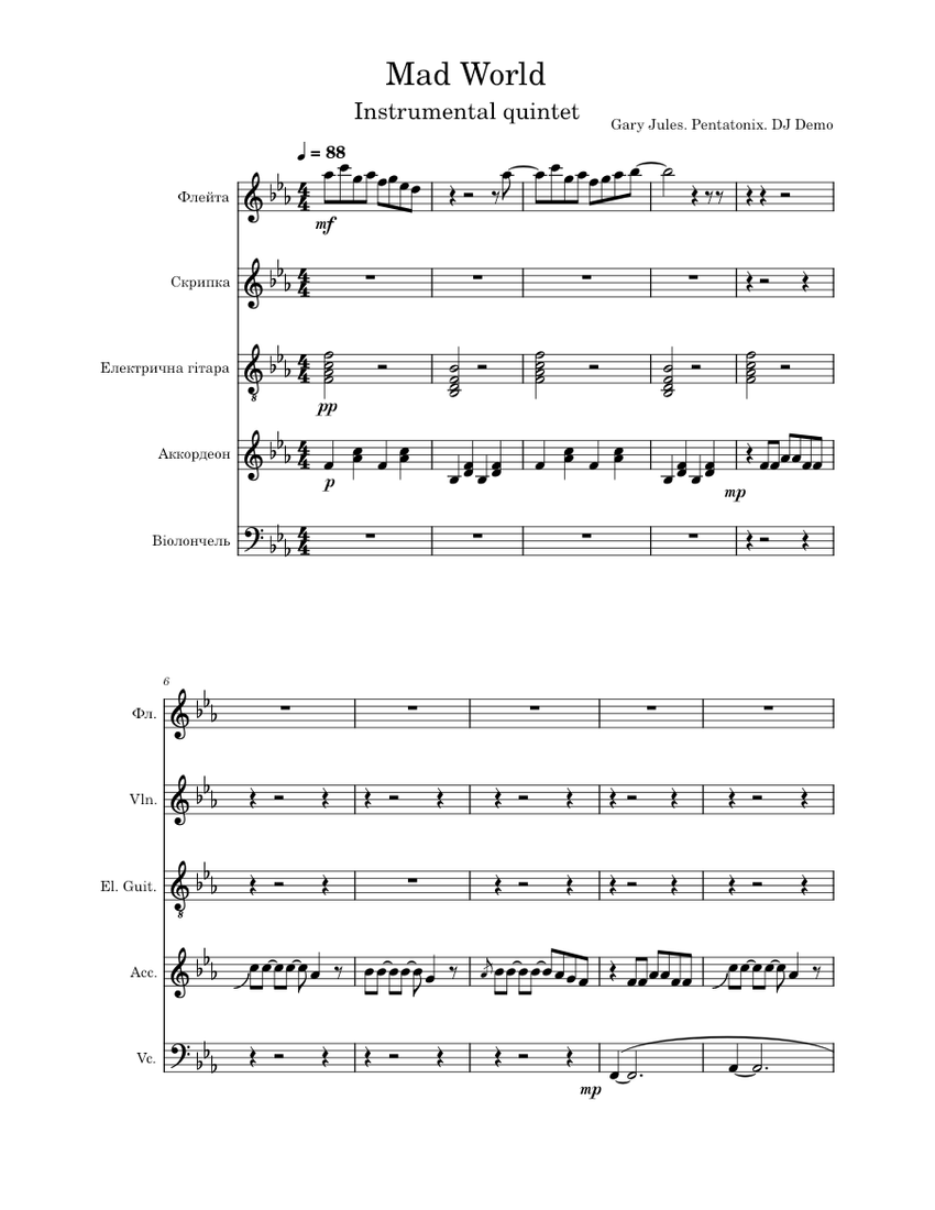 Mad world – Gary Jules Sheet music for Accordion, Flute, Violin, Cello & more instruments (Mixed ...