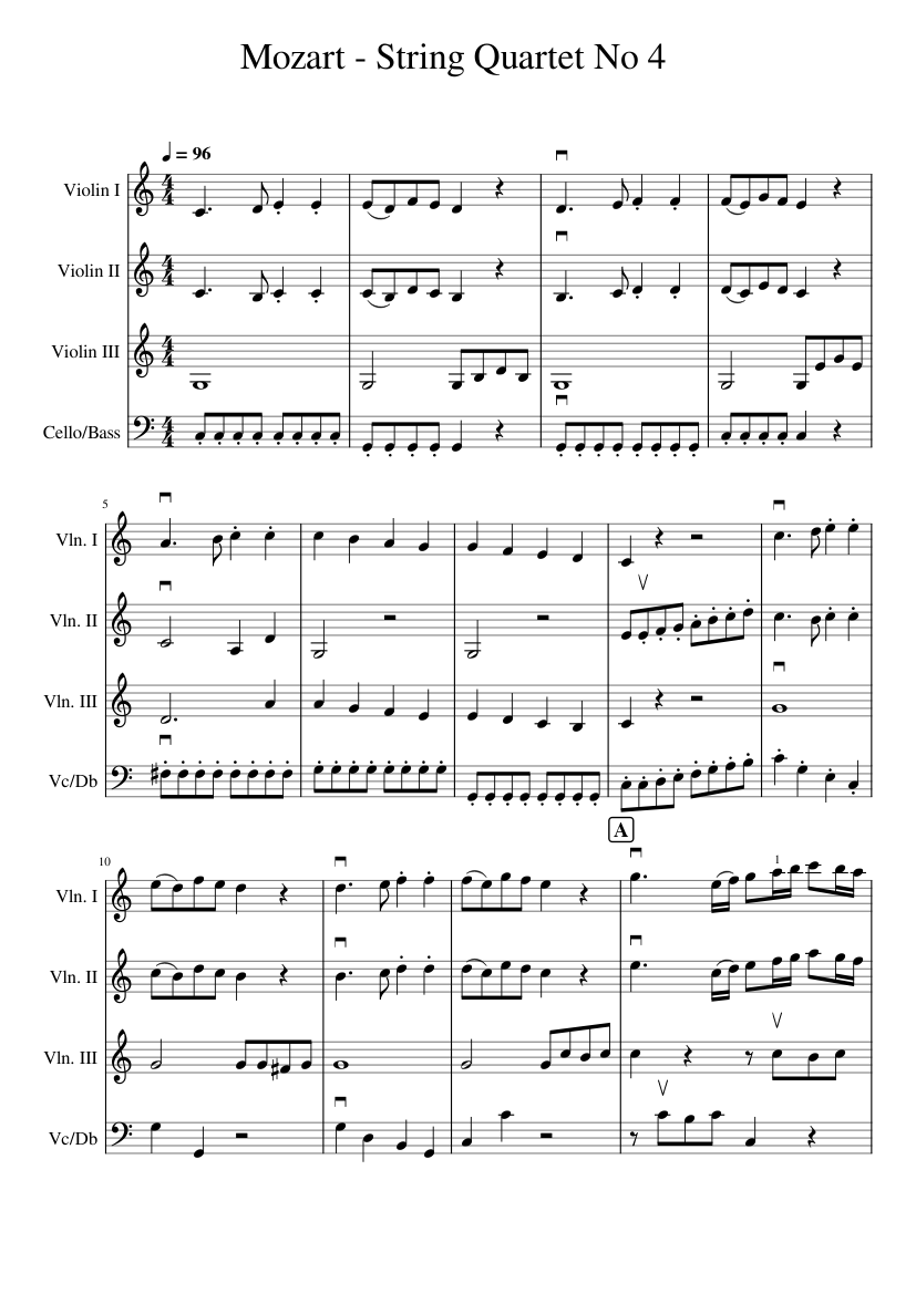Mozart - String Quartet No 4, Allegro Sheet Music for Violin, Cello (String Ensemble ...