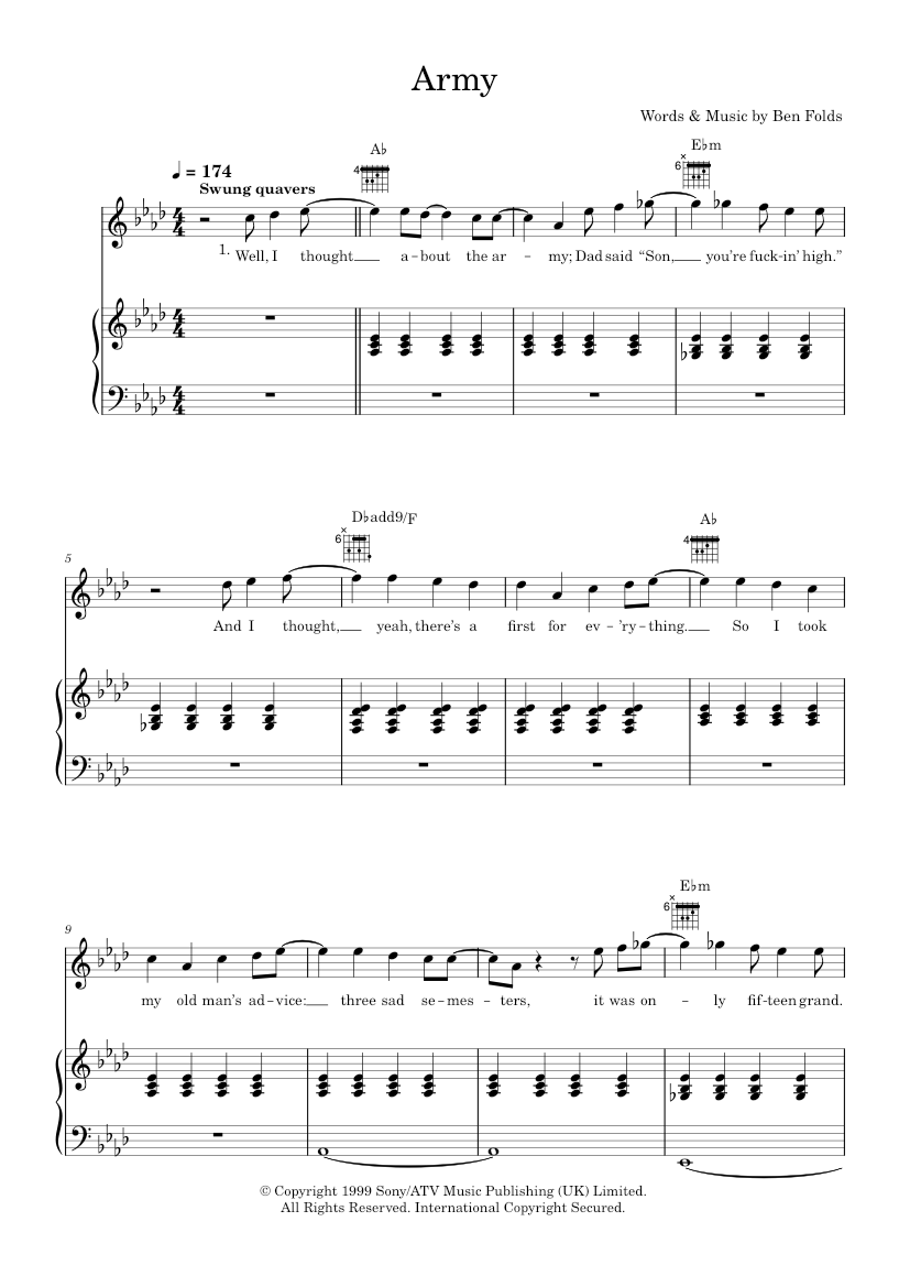 Play Official version of Army Sheet Music by Ben Folds Five for Piano ...