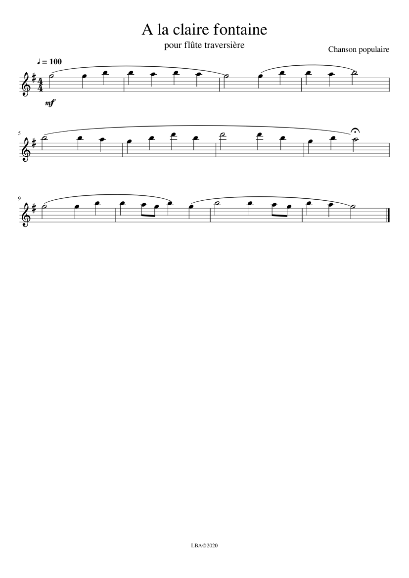 A la claire fontaine pour flute Sheet music for Flute (Solo ...
